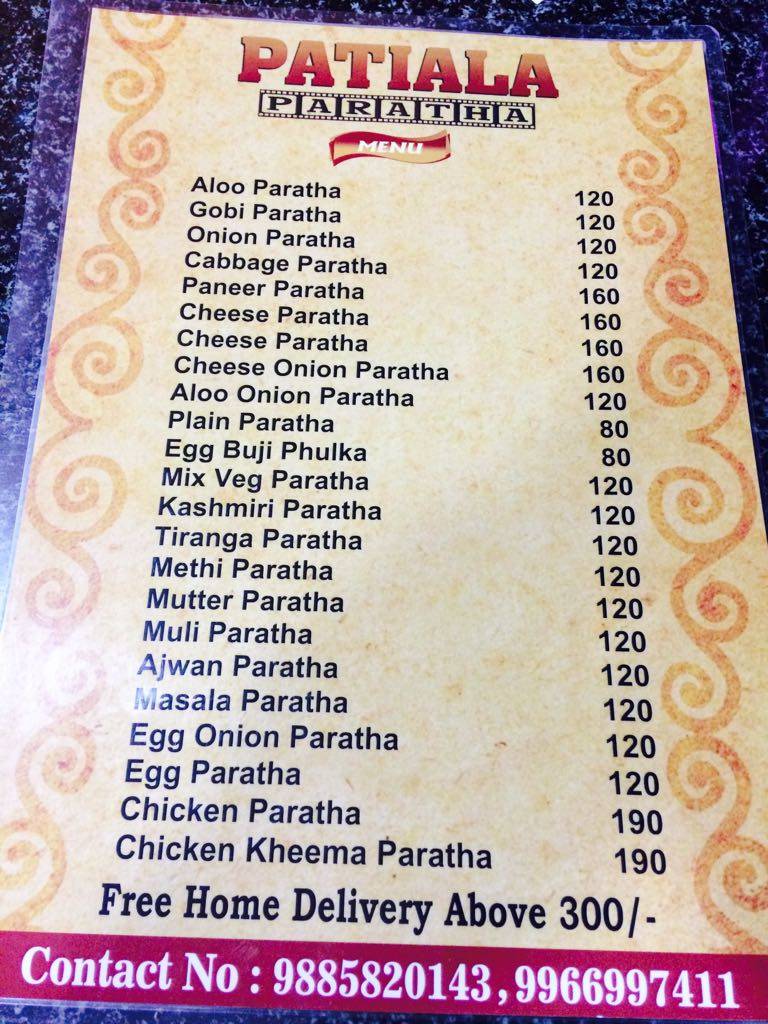 Menu at Patiala Paratha, Hyderabad, Rd Number 11