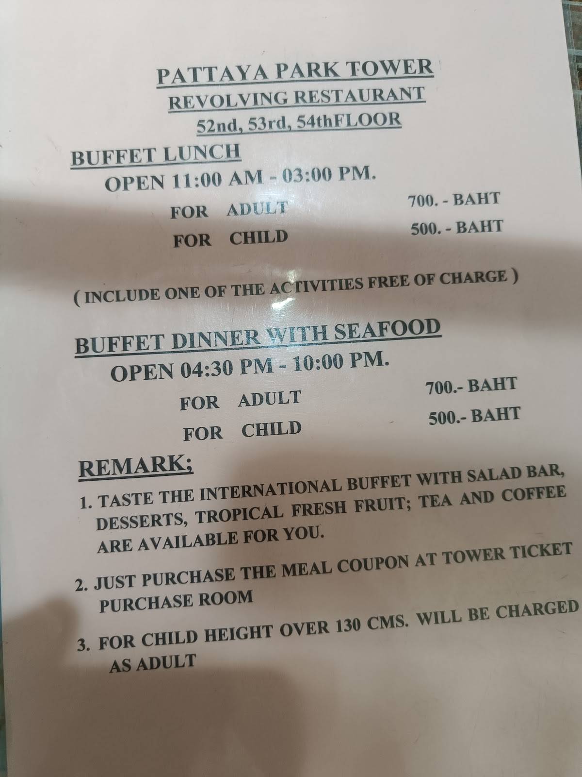 Menu at Pattaya Park Tower Restaurant, Pattaya City