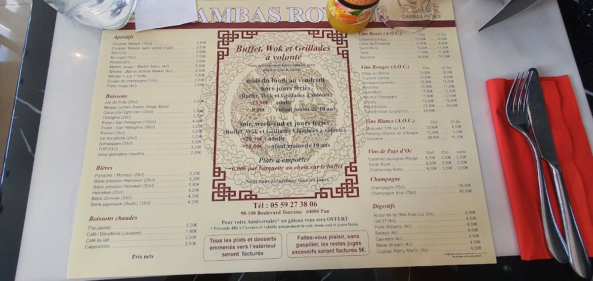 Menu au Gambas Royal Pau restaurant, Pau