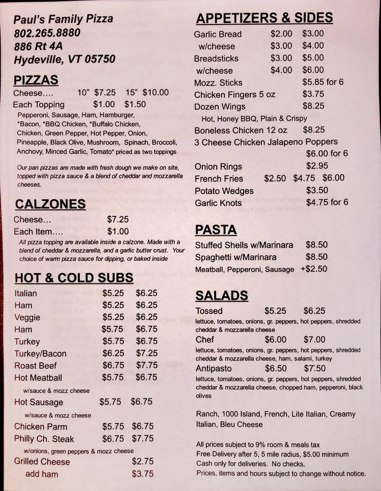 Menu at Paul's Pizza pizzeria, Castleton, 886 VT-4A