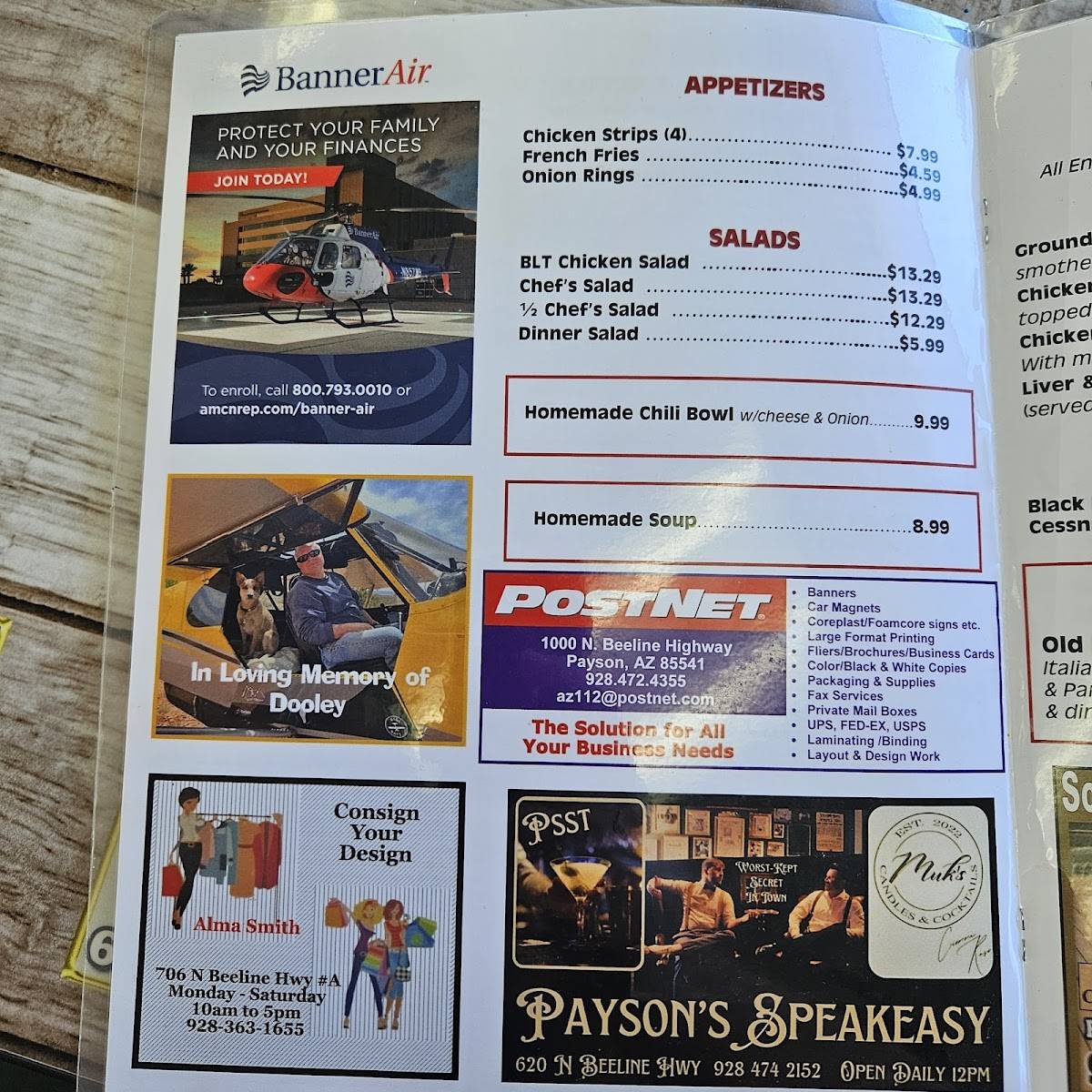 Menu at Crosswinds Restaurant, Payson