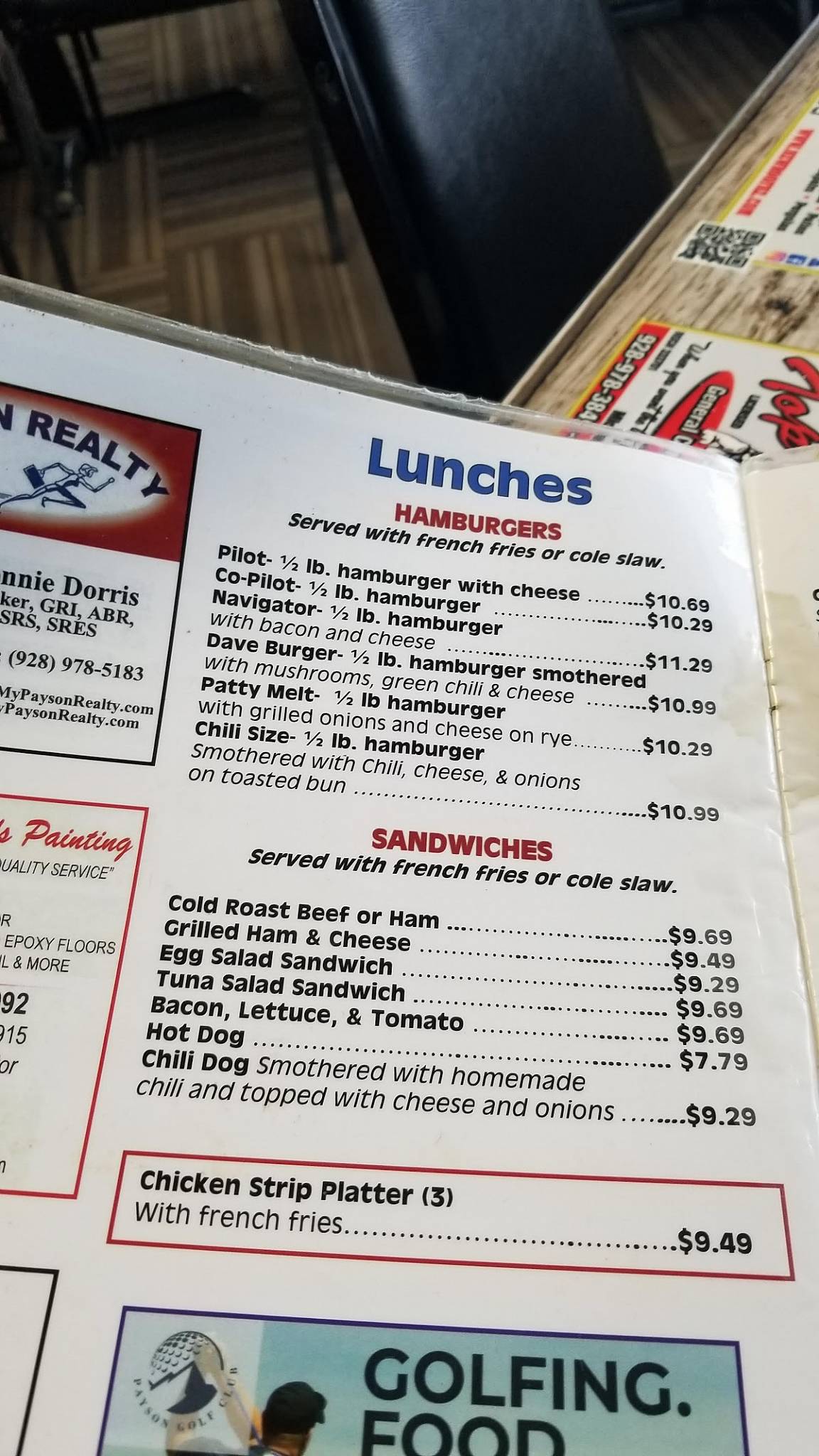 Menu at Crosswinds Restaurant, Payson