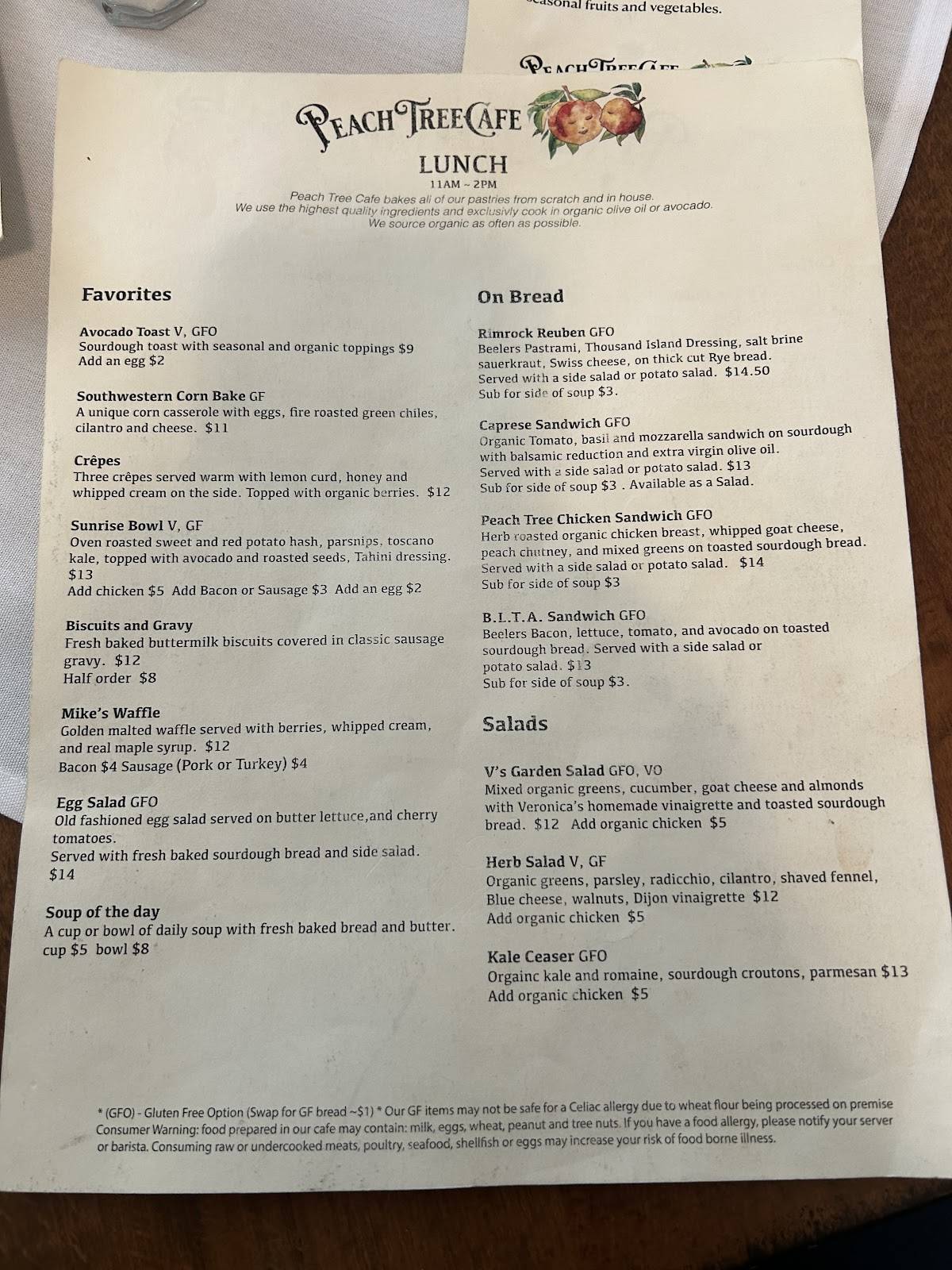 Menu at Peach Tree Cafe, Lake Montezuma