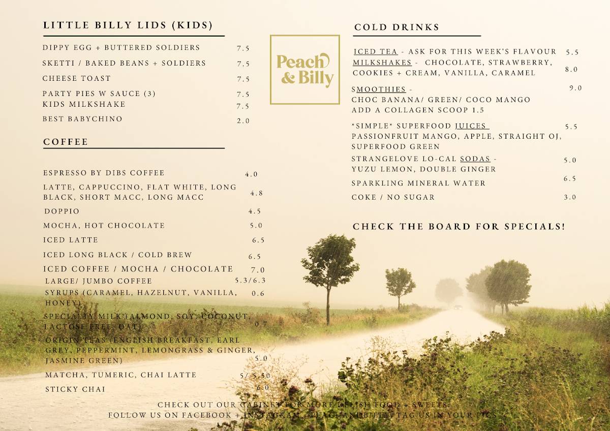 Menu at Peach & Billy cafe, Chapel Hill