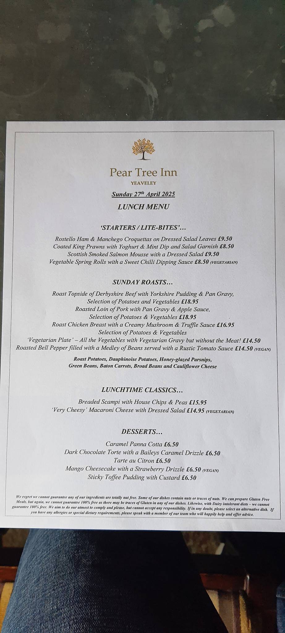 Menu at Pear Tree Inn in Yeaveley pub & bar, Yeaveley
