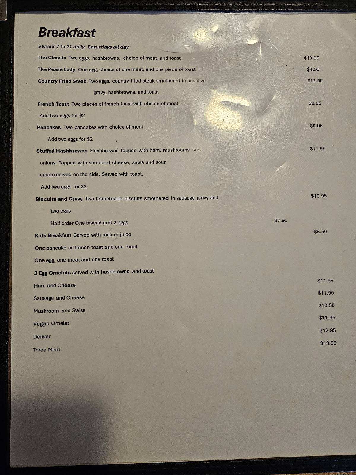 Menu at Pease Cafe, Pease