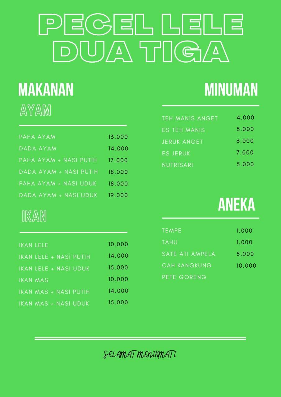 Menu at Pecel Lele Dua Tiga restaurant, South Jakarta