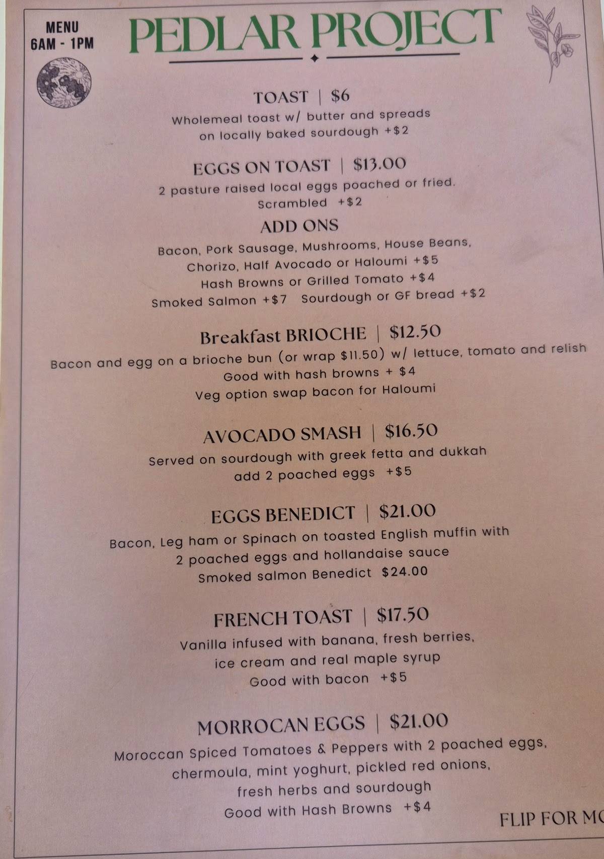 Menu at Pedlar Project restaurant, Townsville City, 320-334 Flinders St