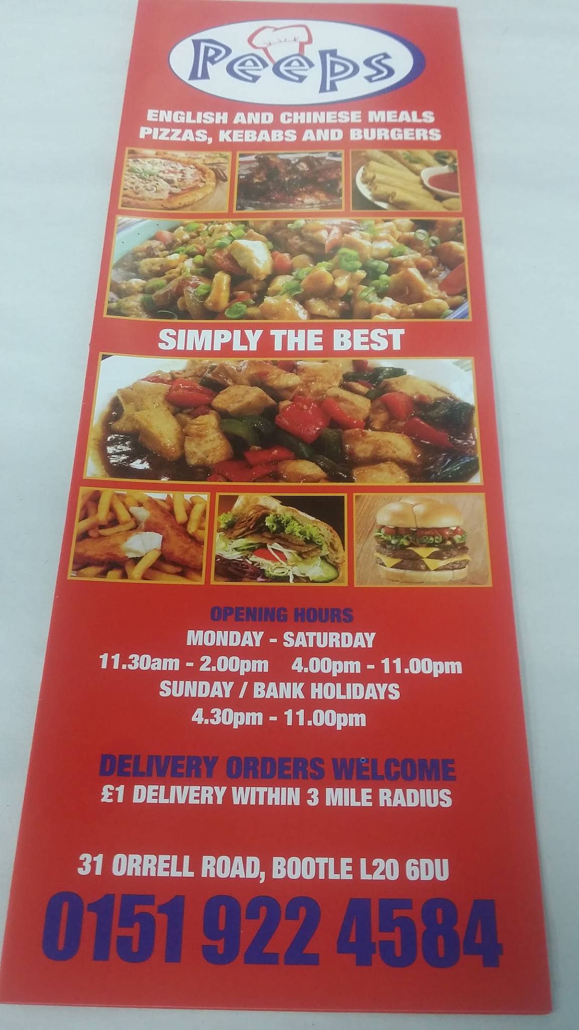 Menu at Peeps Fast Food, Bootle