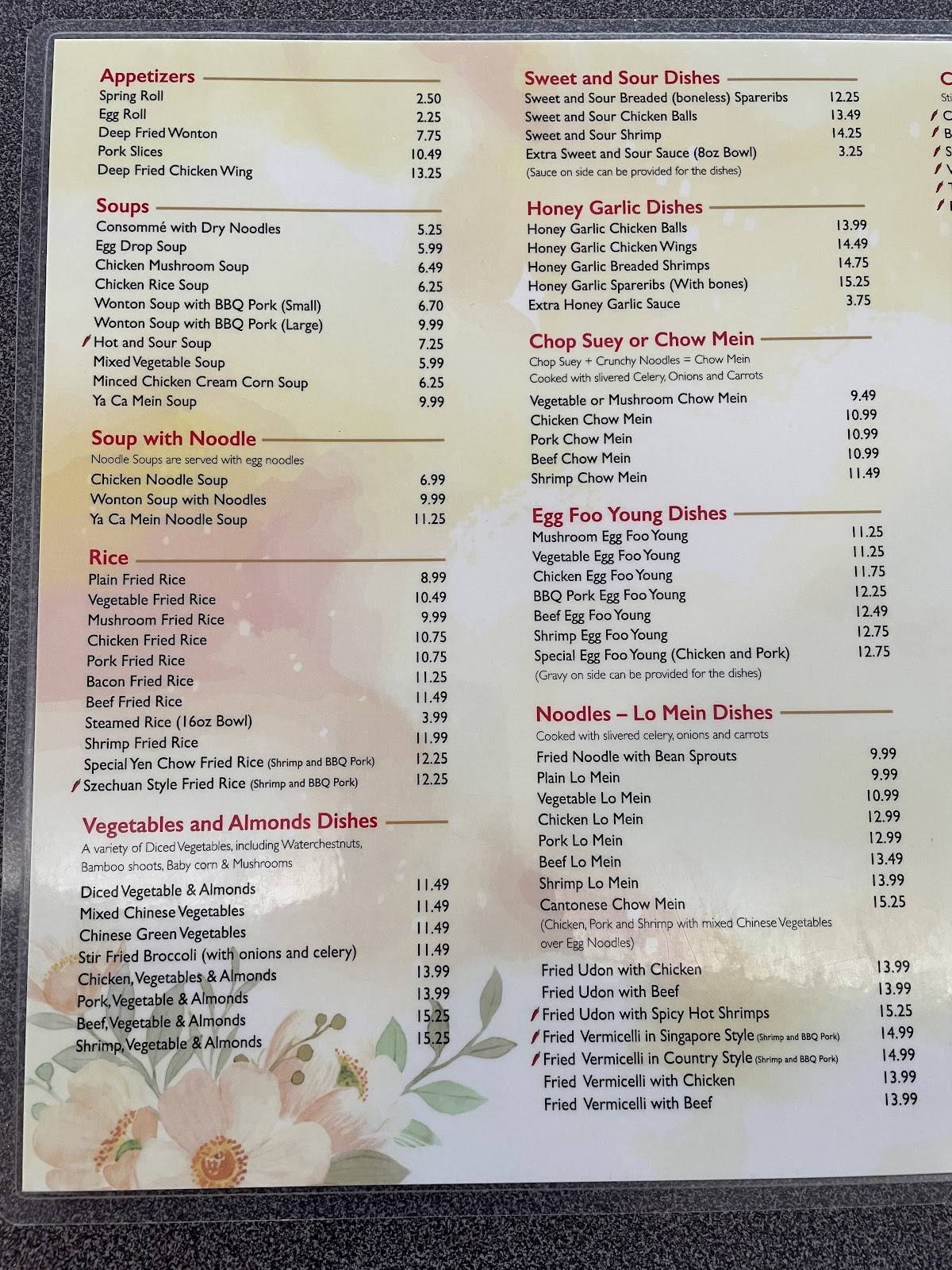 Menu at Yang’s Fine Kitchen restaurant, Penetanguishene