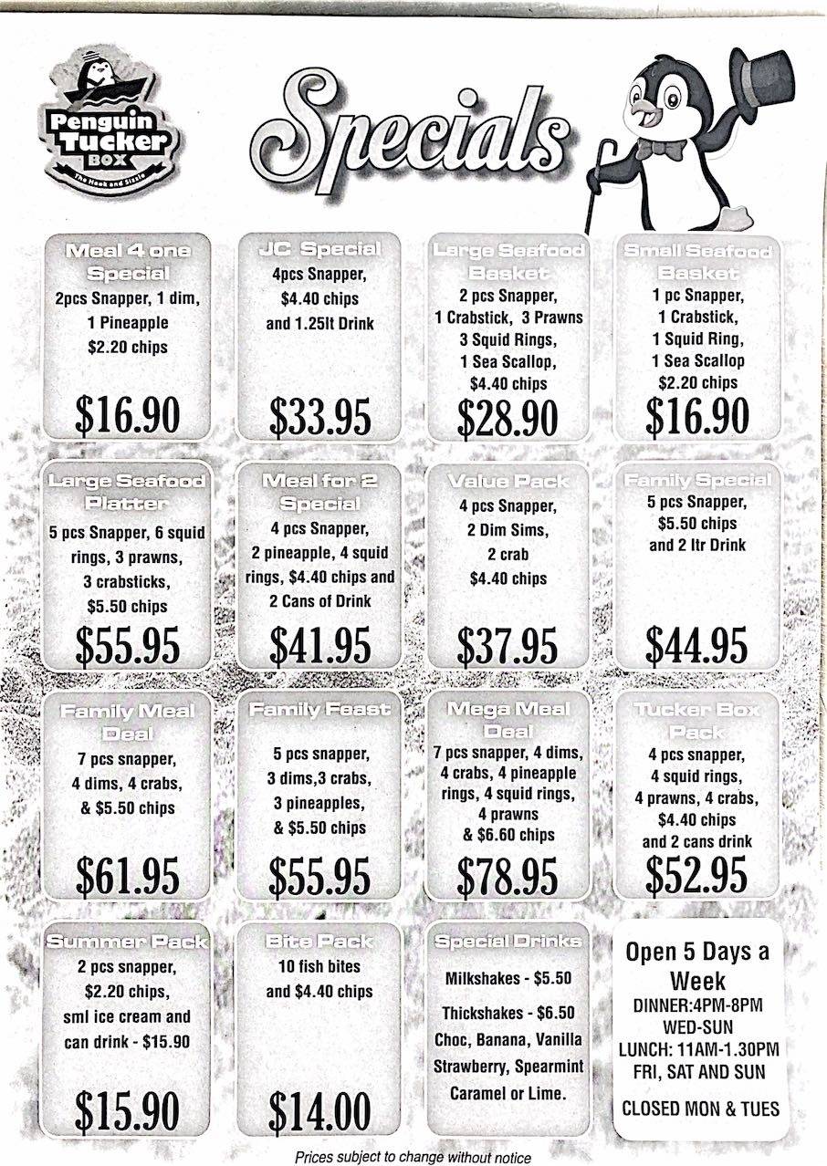 Menu at Penguin Tucker Box fast food, Shoalwater, 117 Safety Bay Rd