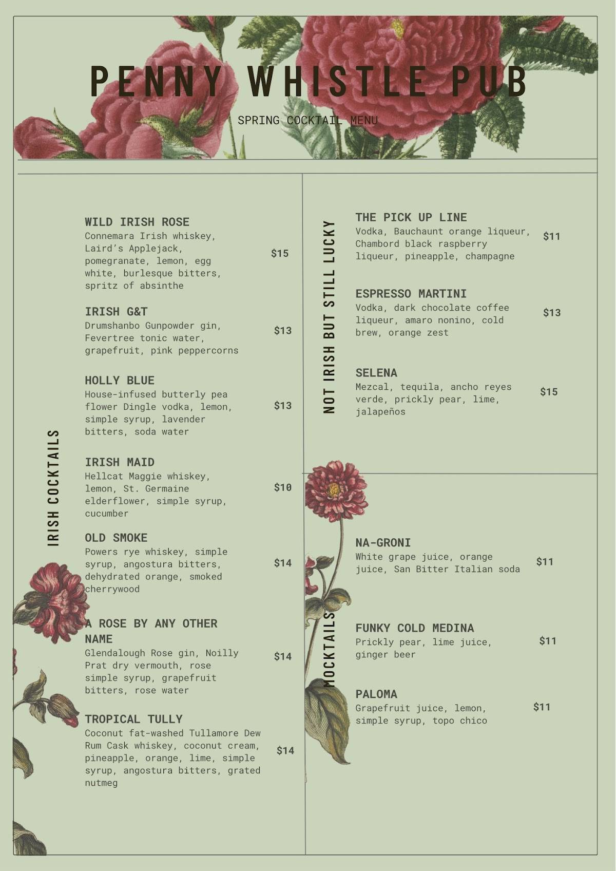 Menu at Penny Whistle Pub, Houston