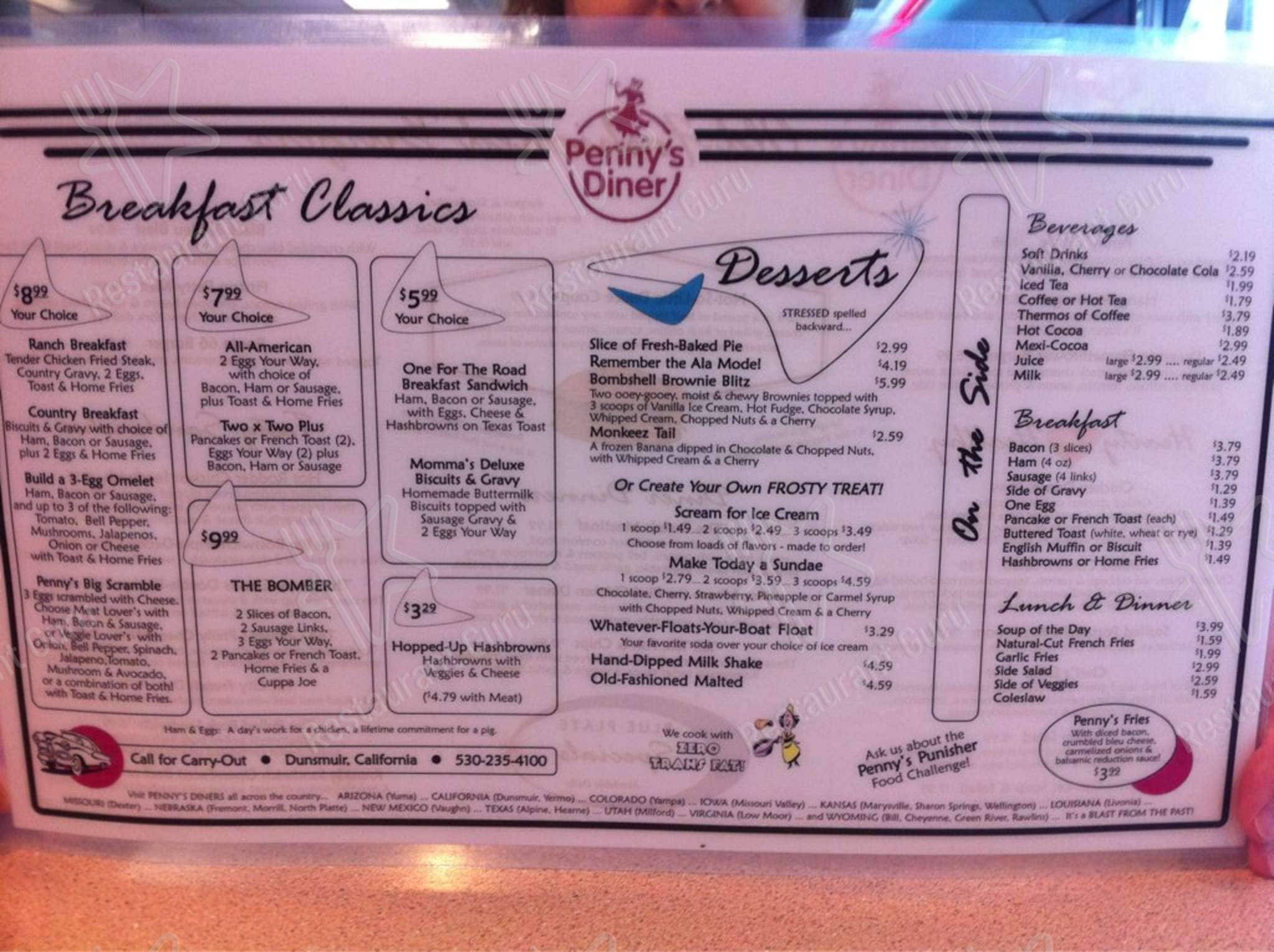 Menu at Penny's Diner restaurant, Dunsmuir