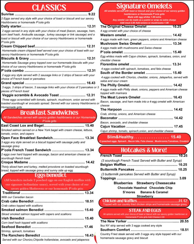 Menu at P'cola Bistro restaurant, Pensacola
