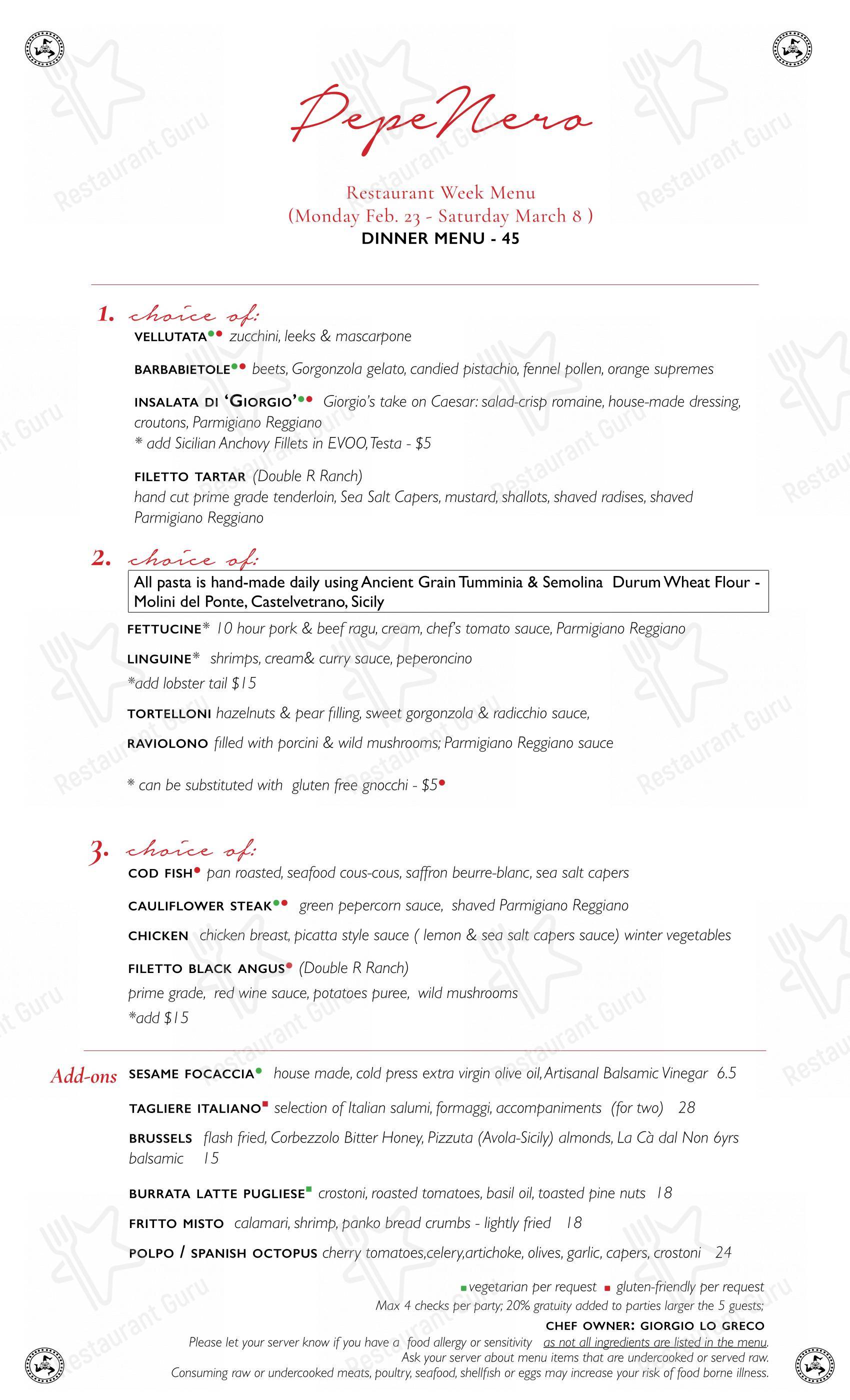 Menu at PepeNero restaurant, Traverse City