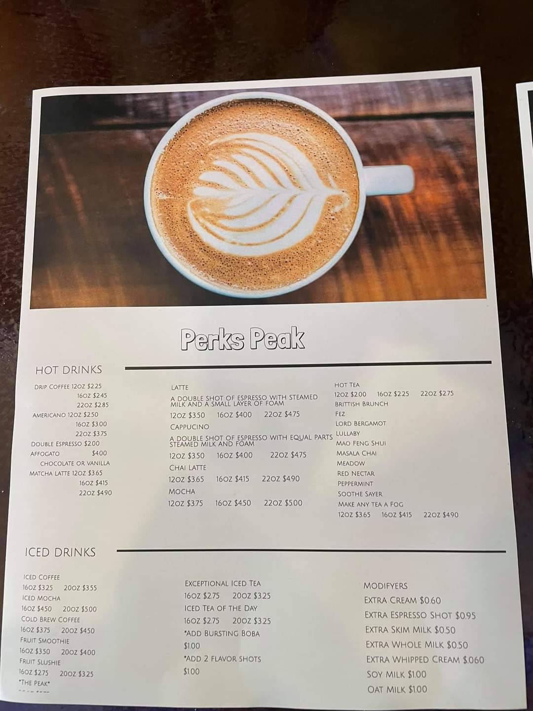 Menu at Perks Peak desserts, Leo-Cedarville