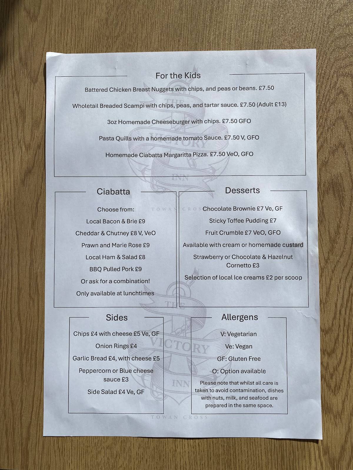 Menu at The Victory Inn pub & bar, Perranzabuloe, Towan Cross