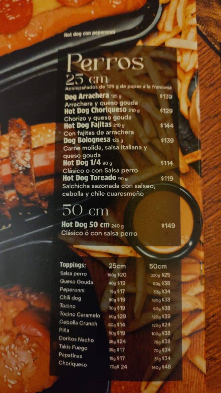 Carta del pub y bar Perros y Burros Parque Tepeyac, Mexico