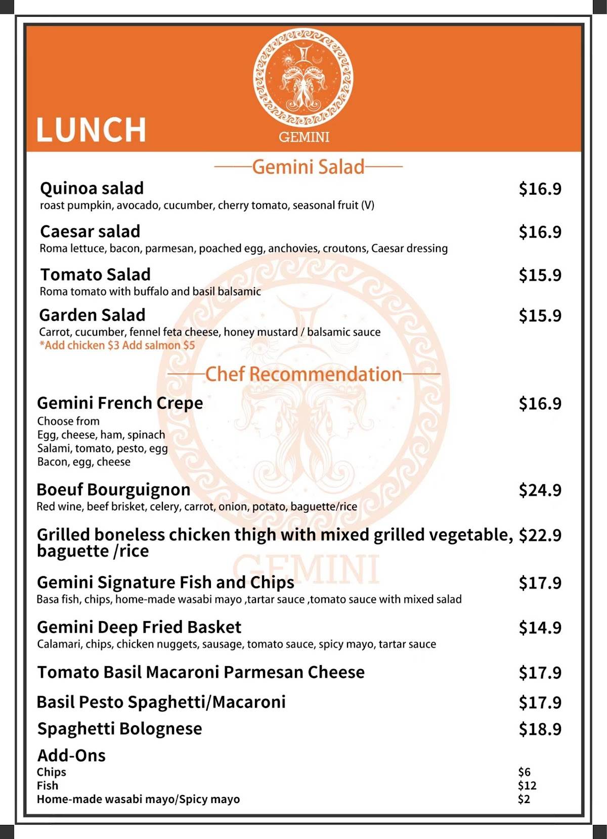 Menu at Gemini cafe, Perth