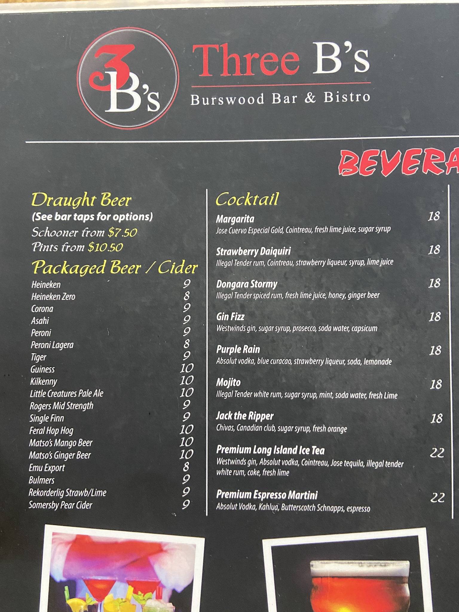 Menu at Three B's restaurant, Burswood