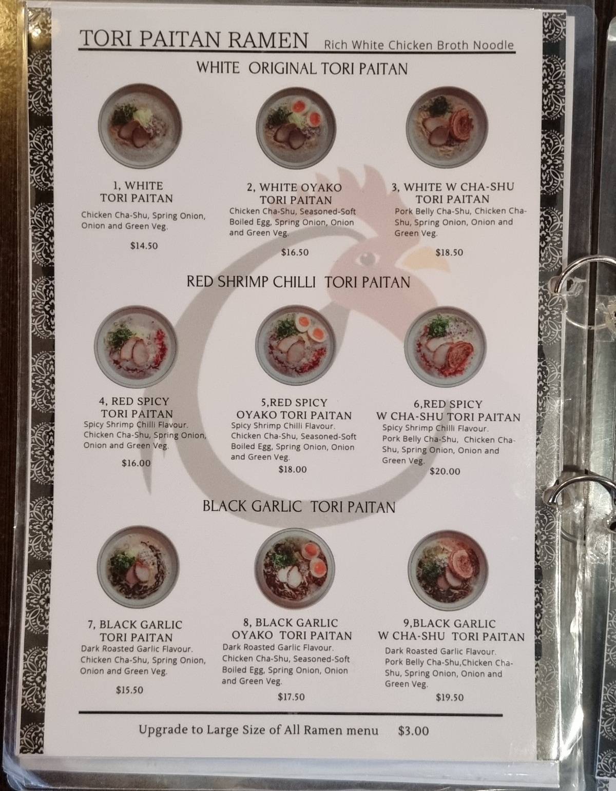 Menu at Tosaka Ramen Bar, Northbridge