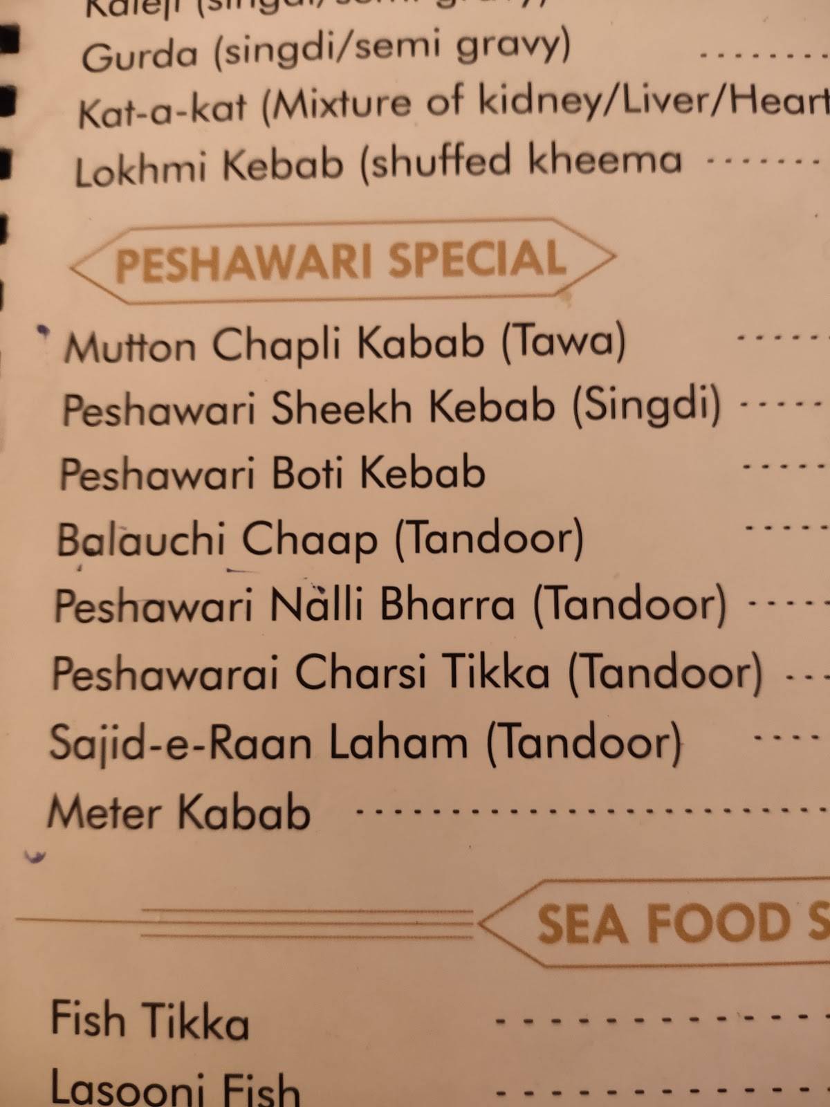 Menu at Peshawar Restaurant, Hyderabad, 6-2-30/E