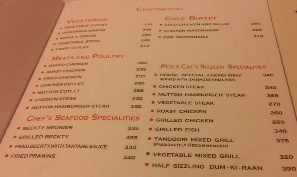Menu at Peter Cat, Kolkata