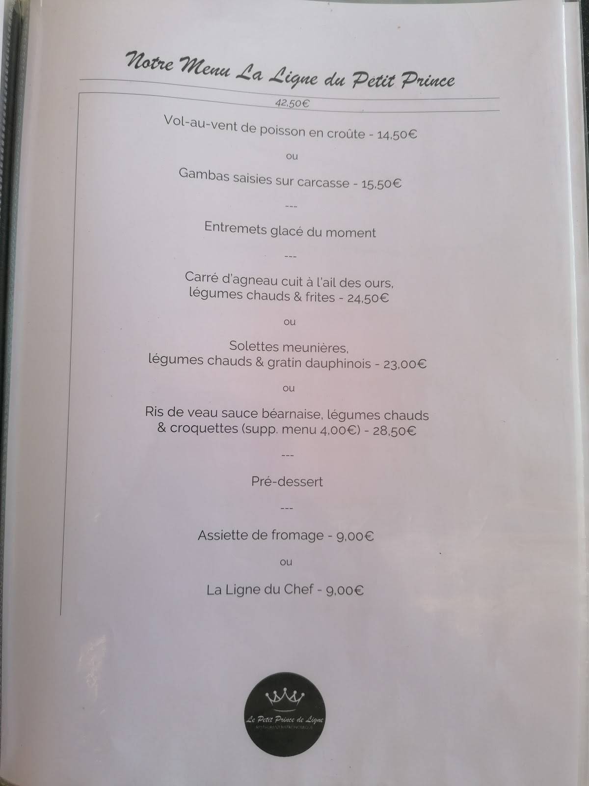 Menu au Le petit Prince de Ligne, Ath