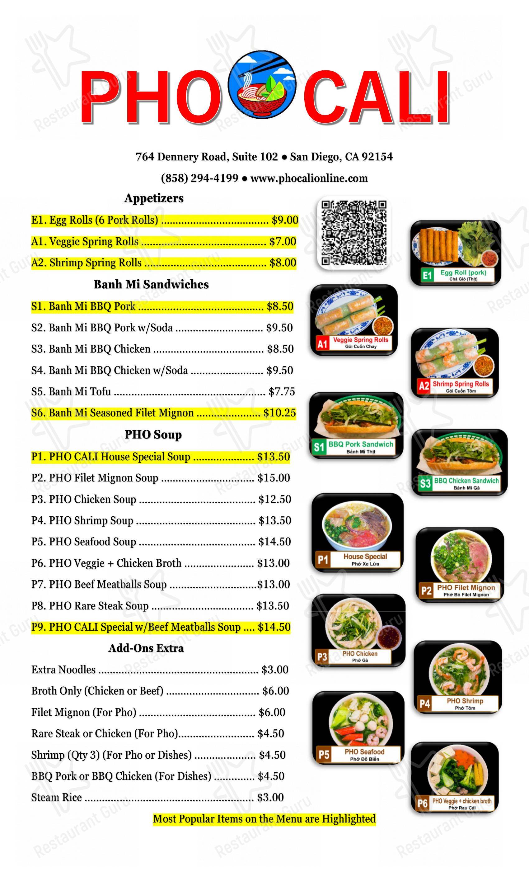 Menu at Pho Cali restaurant, San Diego, 764 Dennery Rd Suite 102