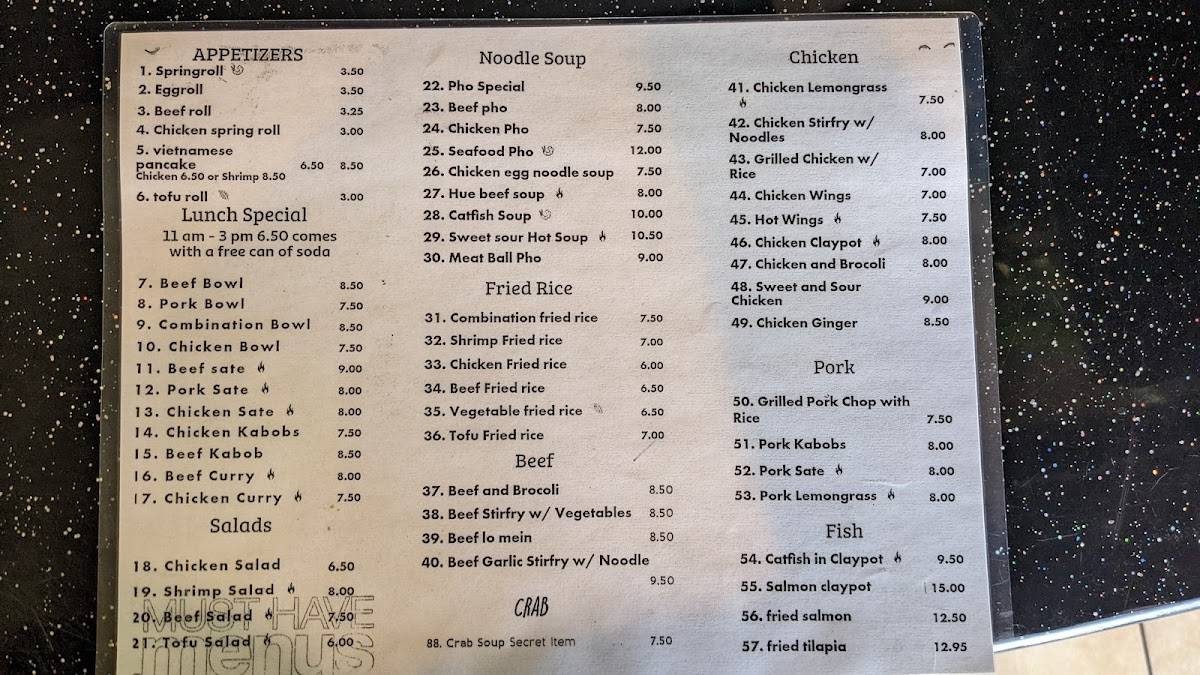 Menu at Pho Hong Saigon restaurant, Dillon
