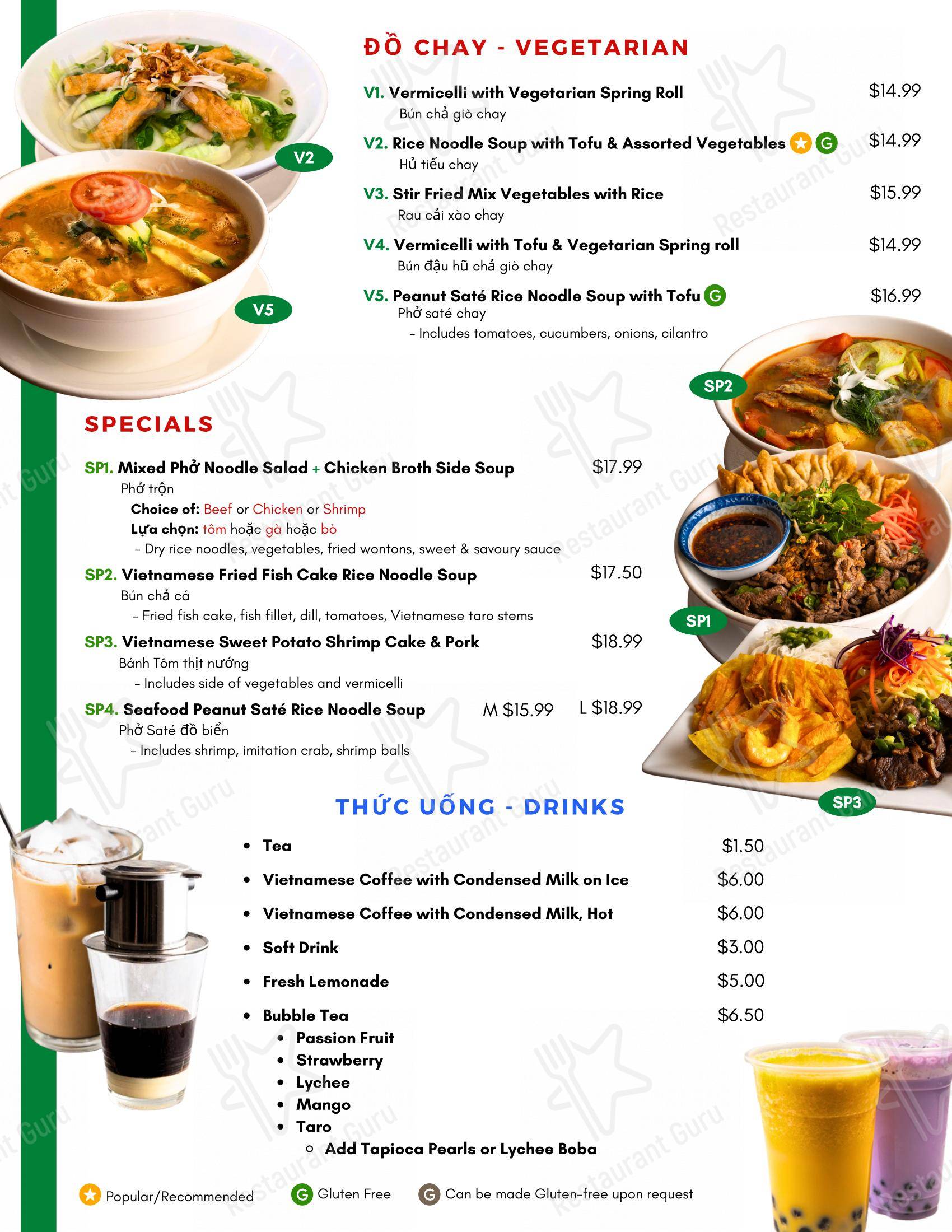Menu at Pho Huydat Vietnamese Noodle House restaurant, Calgary