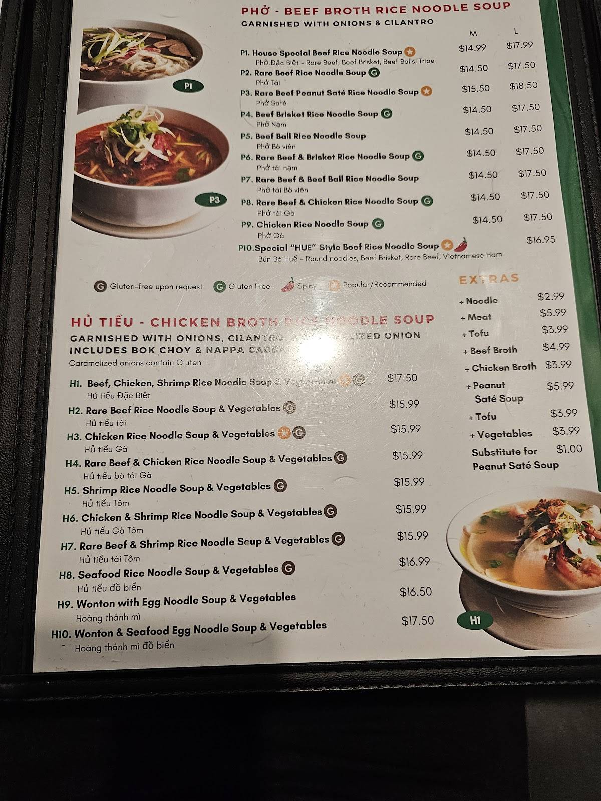 Menu at Pho Huydat Vietnamese Noodle House restaurant, Calgary
