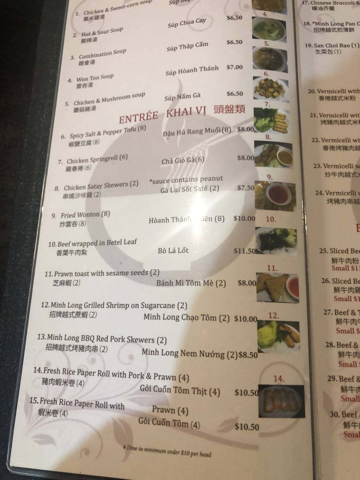 Menu at Pho Minh Long restaurant, Ringwood