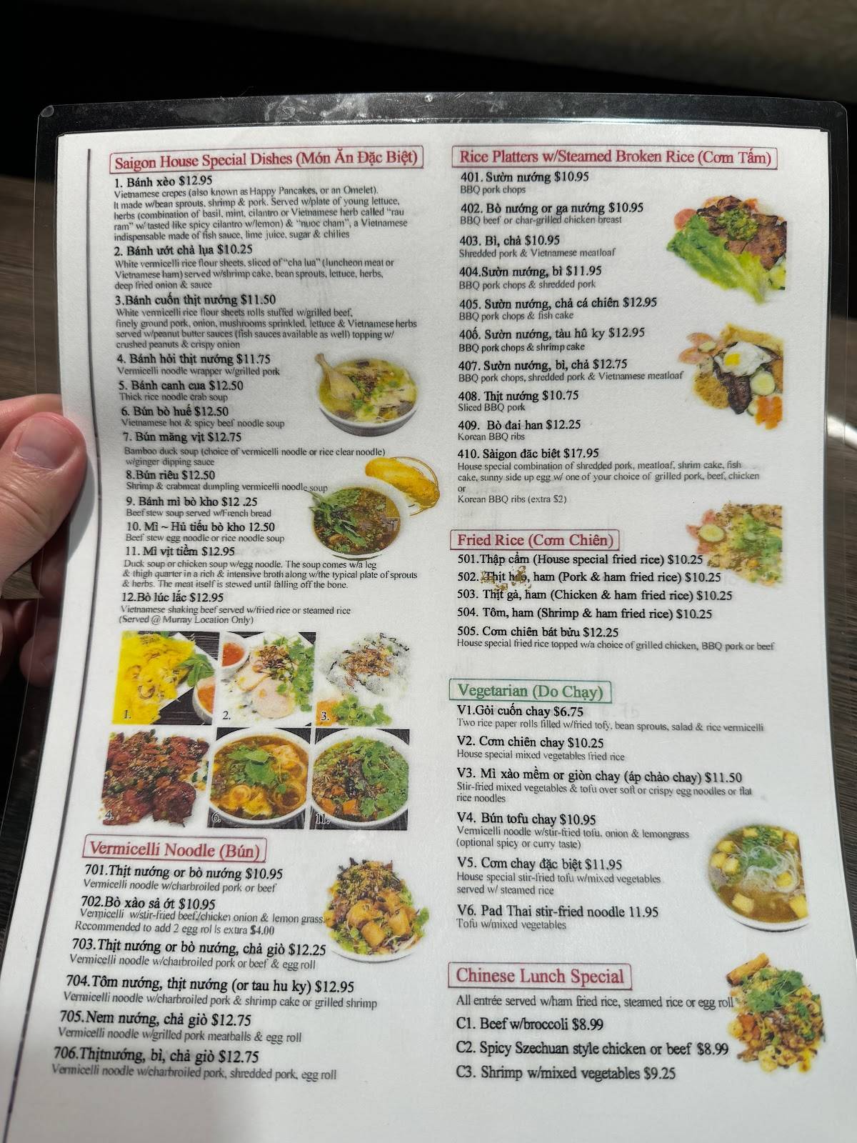 Menu at Phở Saigon Noodle House restaurant, Murray, State St