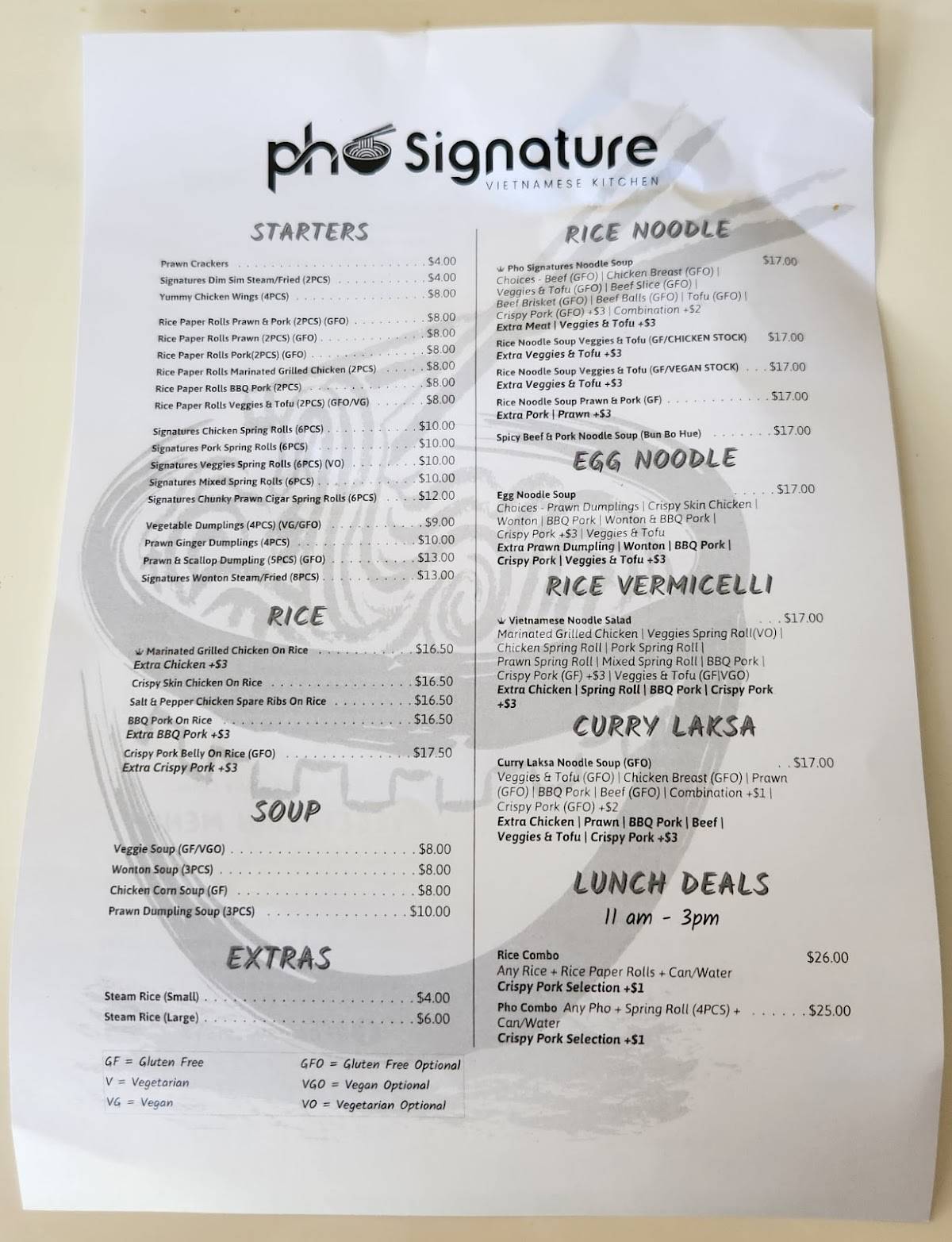 Menu at Pho Signature, Berwick