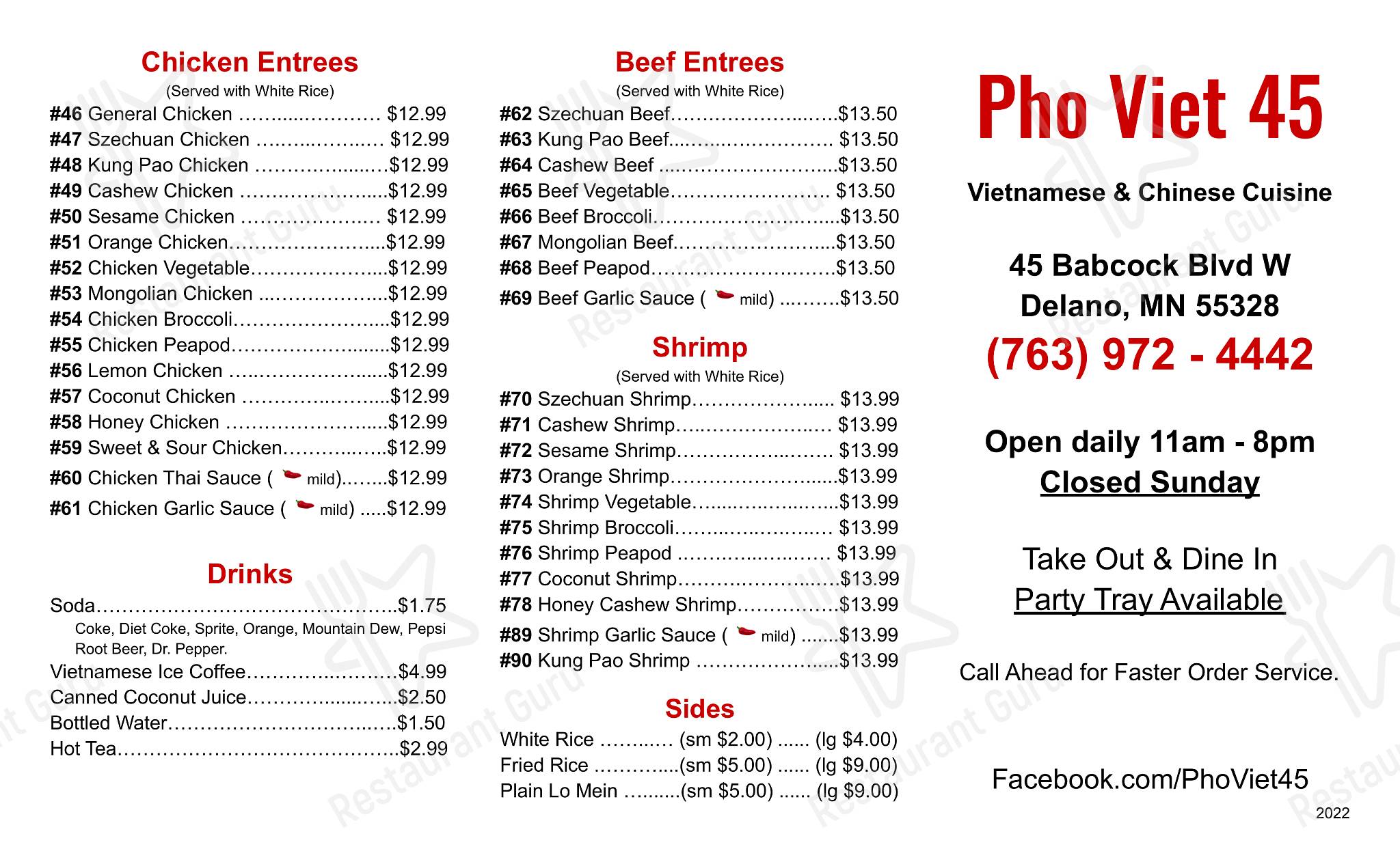 Menu at Pho Viet 45 restaurant, Delano