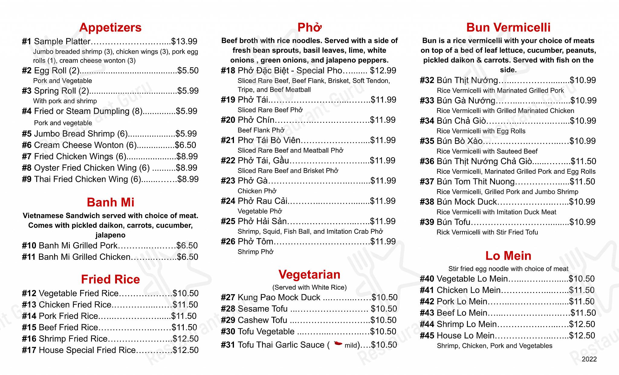 Menu at Pho Viet 45 restaurant, Delano