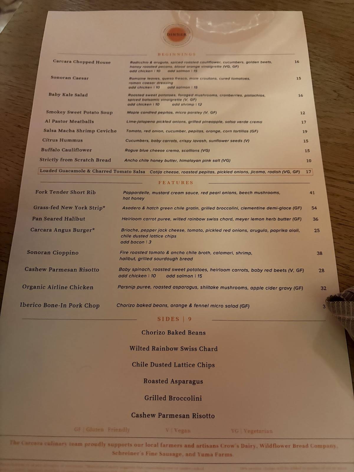 Menu at Carcara restaurant, Phoenix