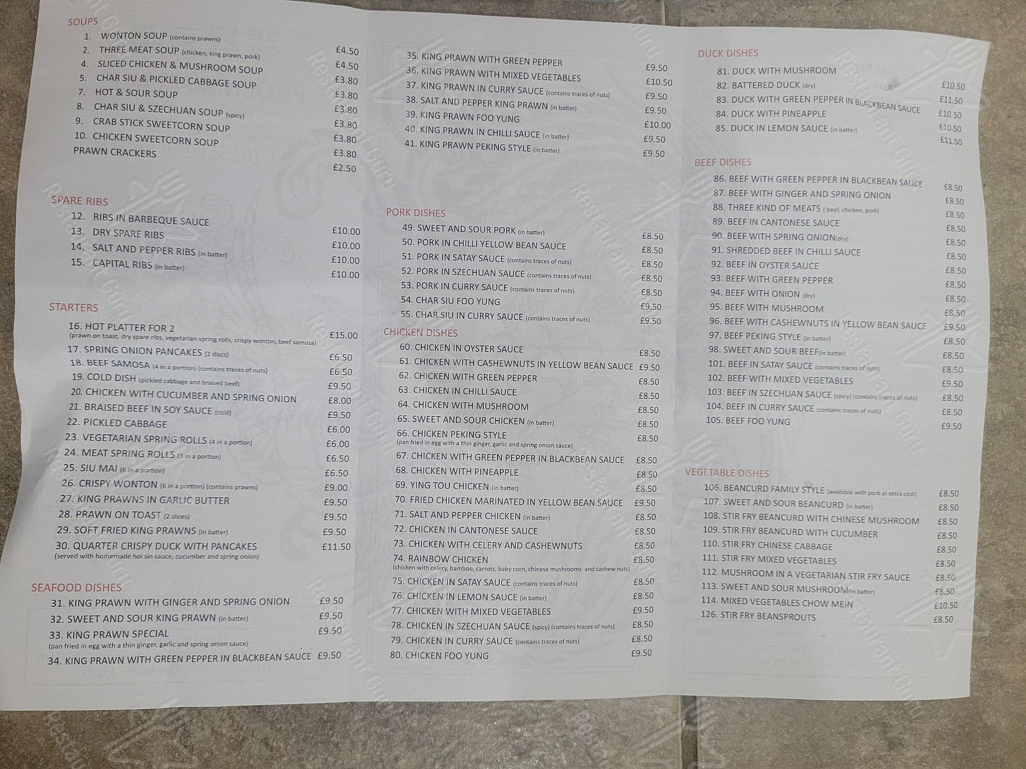 Menu at Phoenix Palace Restaurant, Liverpool