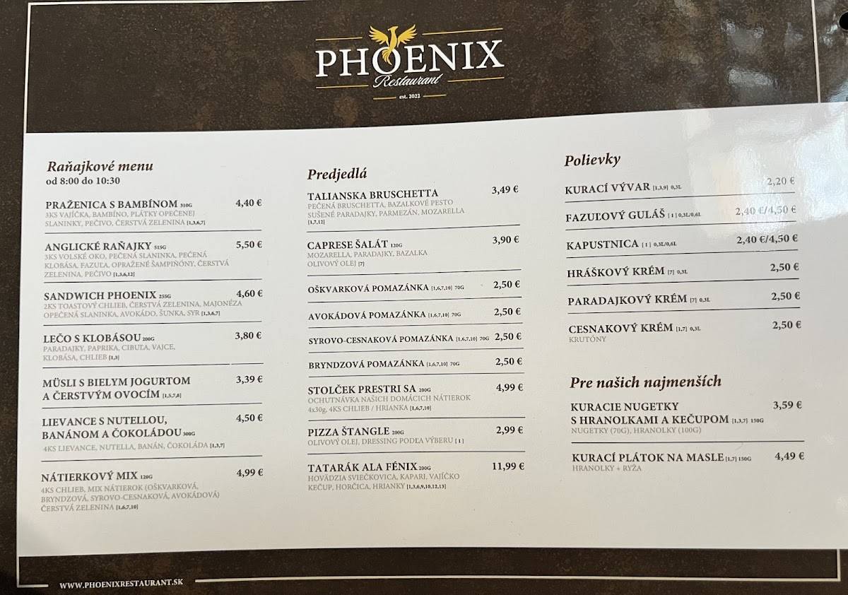 Carta de Phoenix Restaurant, Rožňava