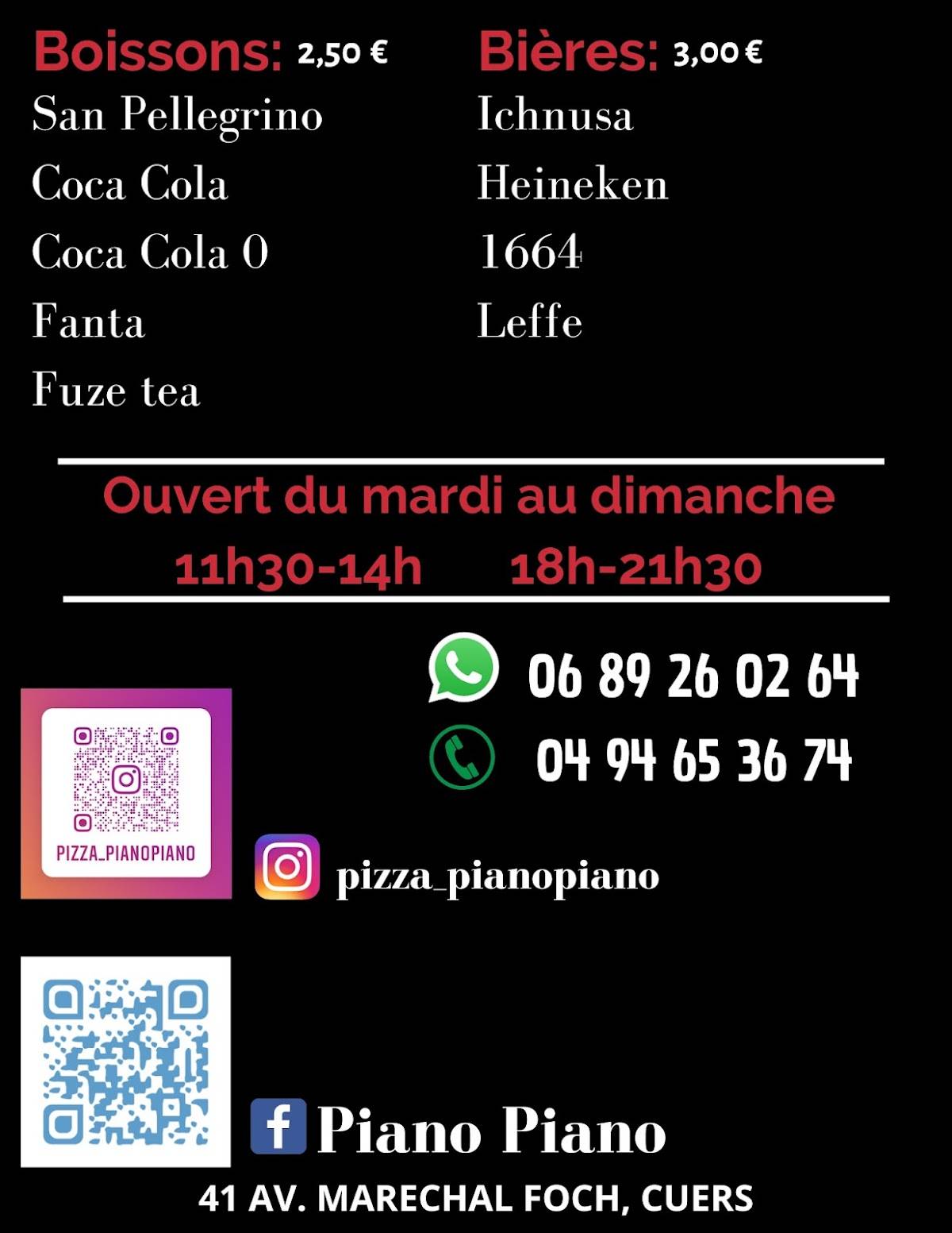 Menu at Piano Piano Pizza restaurant, Cuers