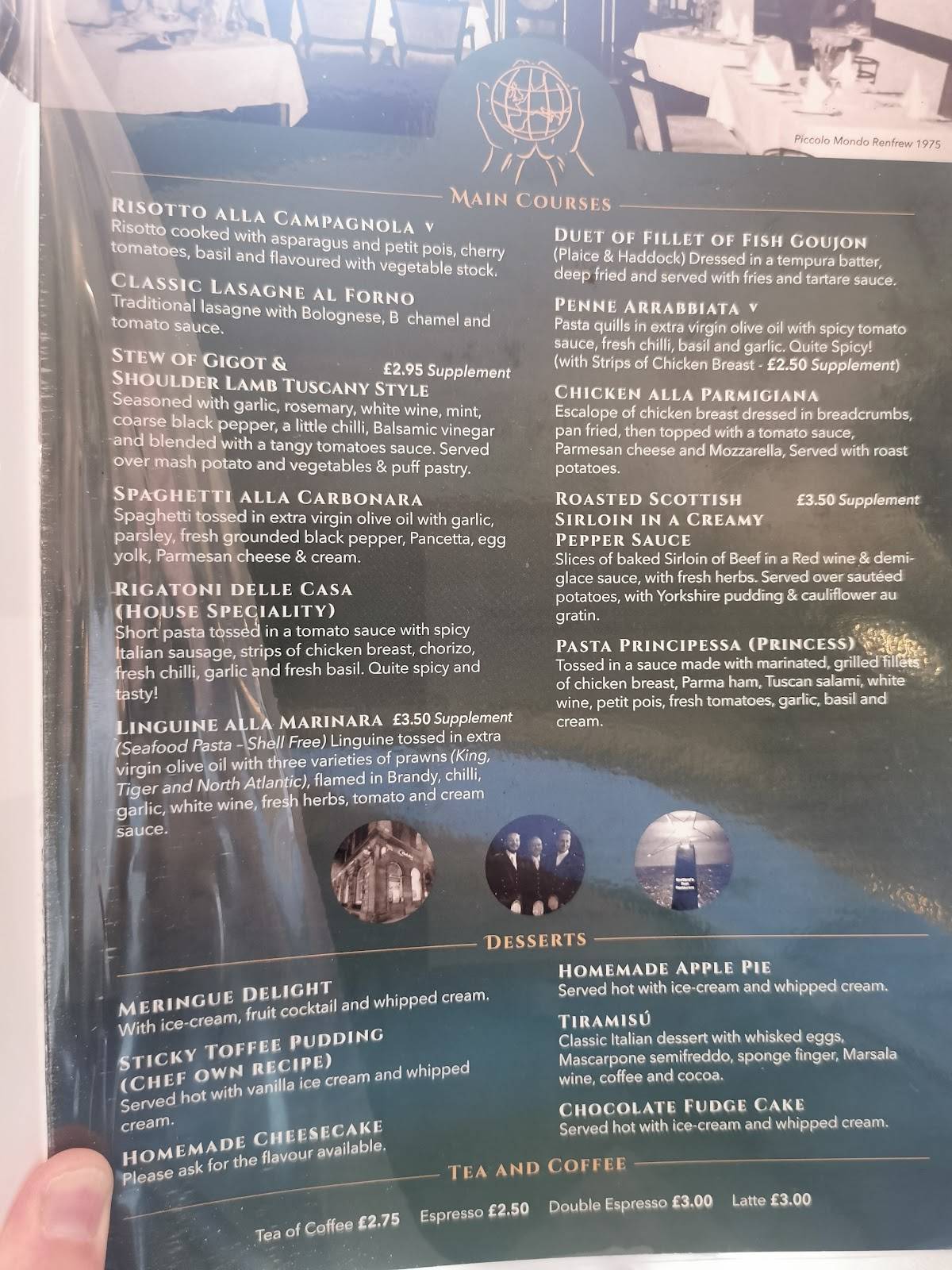 Menu at Piccolo Mondo Renfrew restaurant, Renfrew