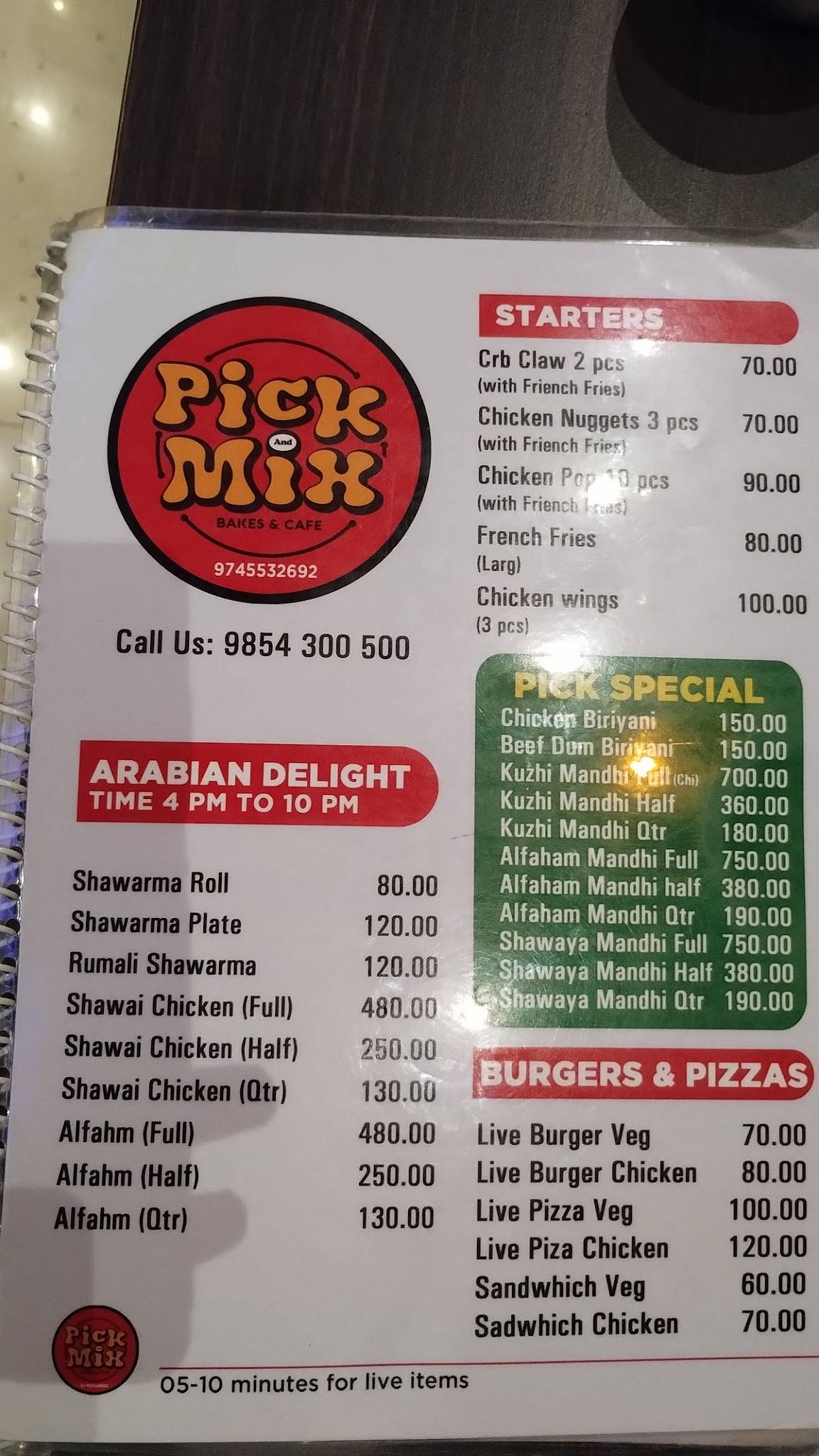 Menu at Pick And Mix, Thiruvilwamala
