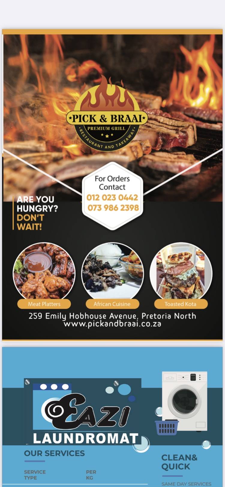 Menu at Pick & Braai restaurant, Pretoria