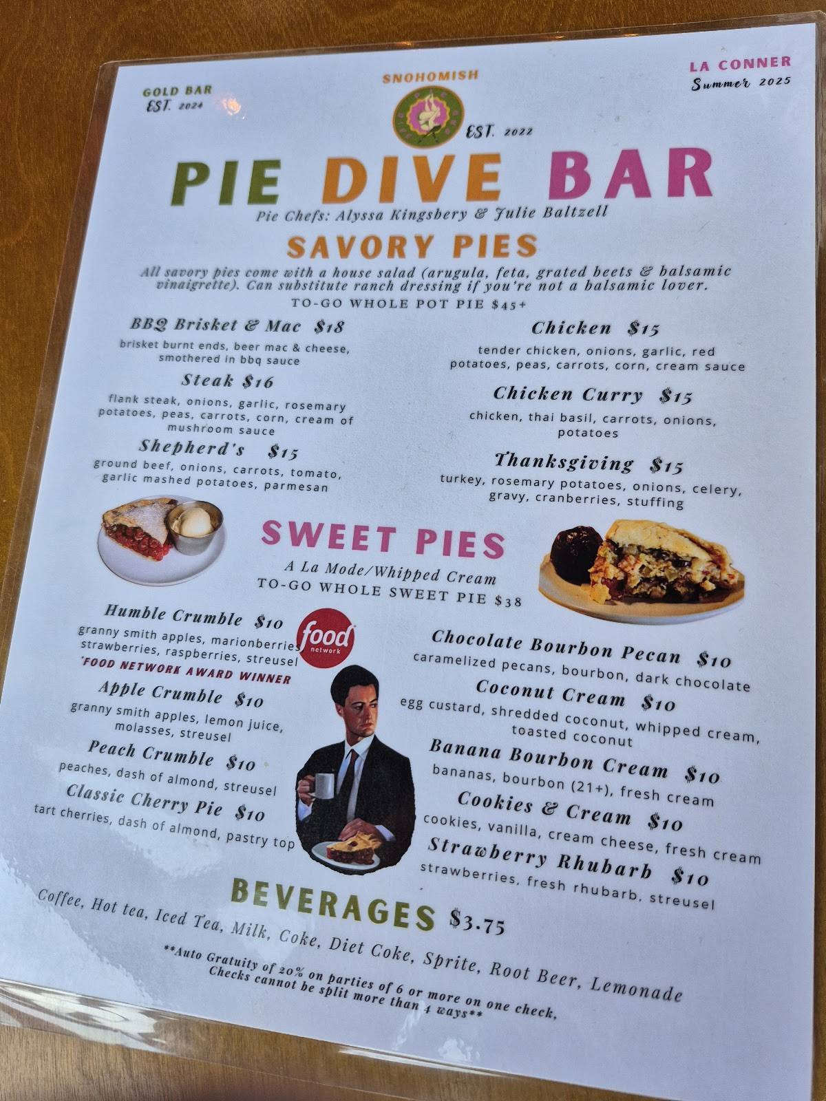 Menu at Pie Dive Bar, Snohomish