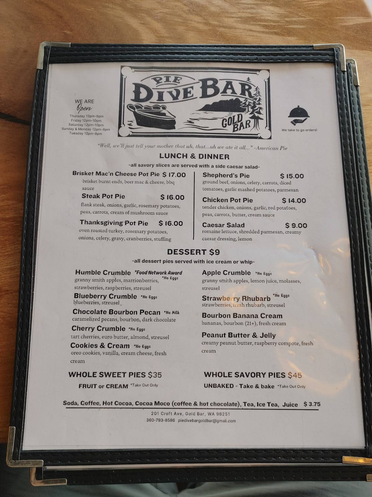 Menu at Pie Dive Bar, Gold Bar