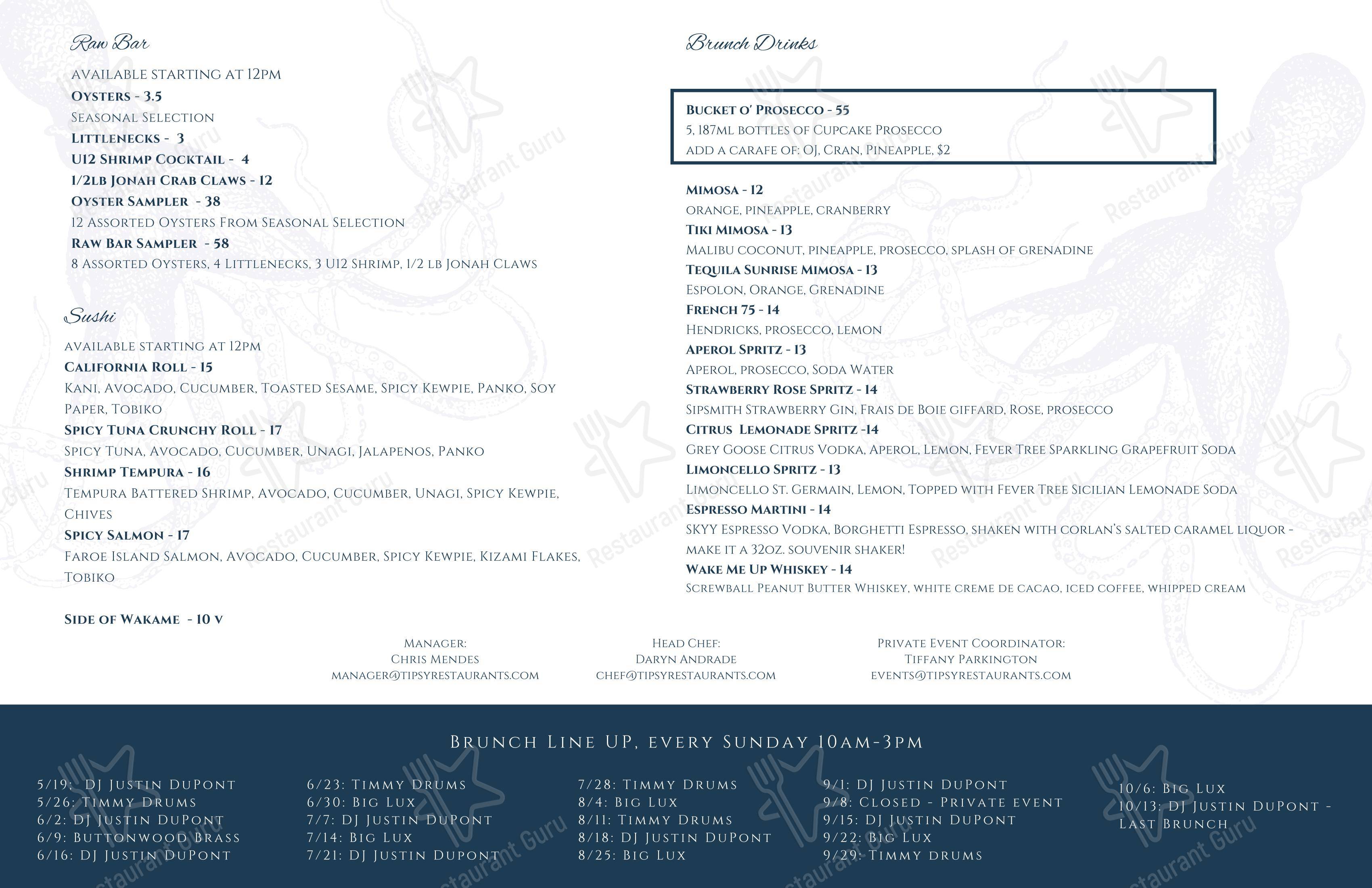 Menu at Pier 52 restaurant, Fall River