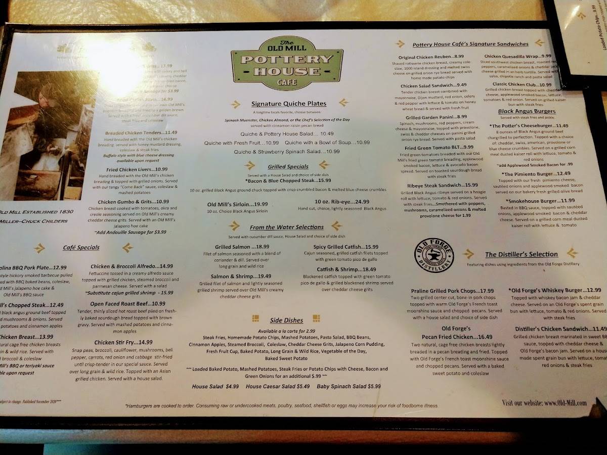 Menu at The Old Mill Pottery House Café cafe, Pigeon Forge, Old Mill St