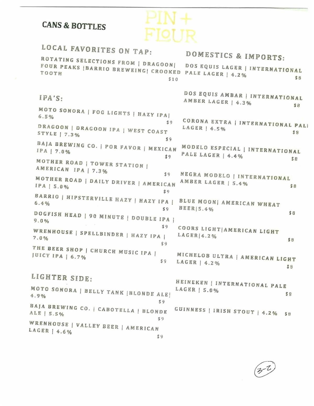 Menu at Pin+Flour restaurant, Tucson