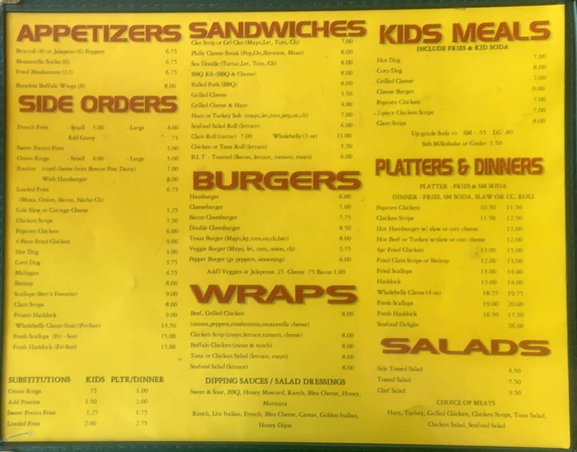 Menu at Pine Cone Snack Bar, Richford